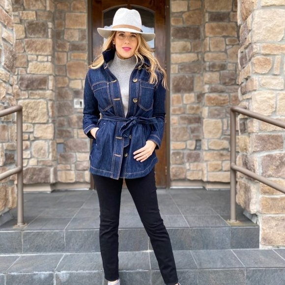 CAbi | Jackets & Coats | Cabi 39 Freedom Jacket Belted Dark Wash Fall ...